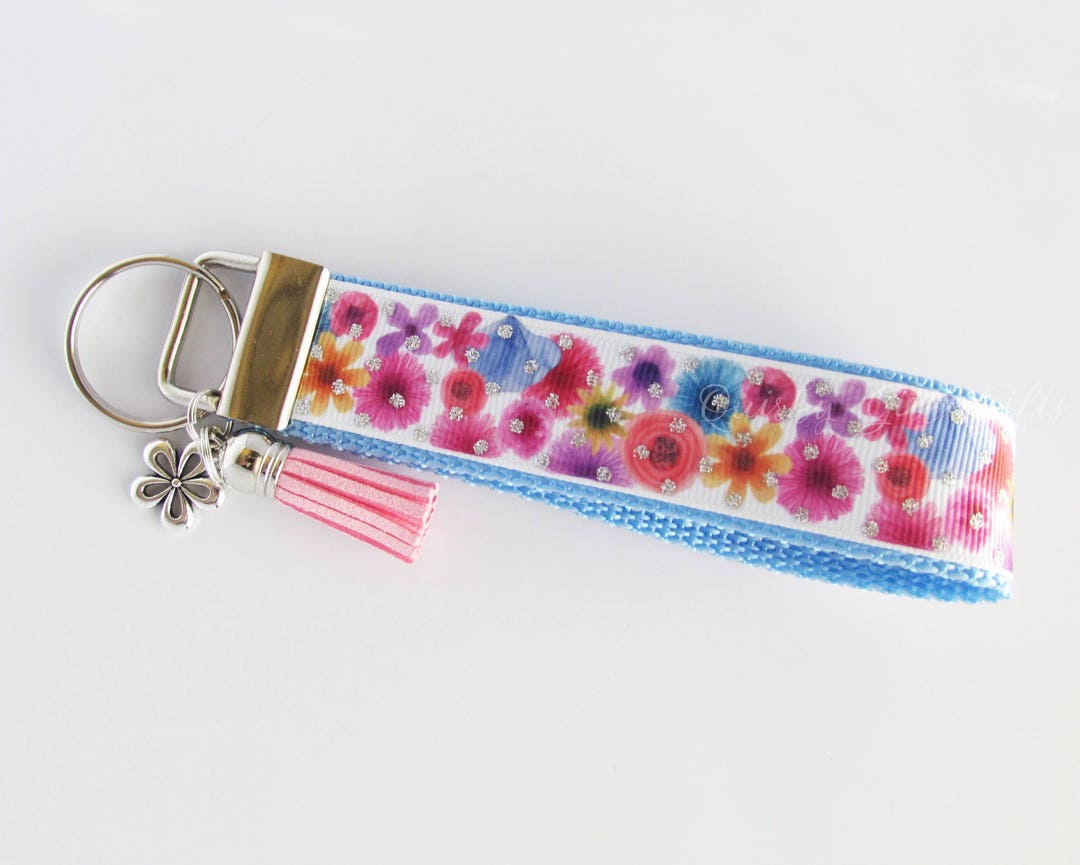 Floral Key Fob - Multicolor Flower Keychain - Glitter Floral Key Fob ...