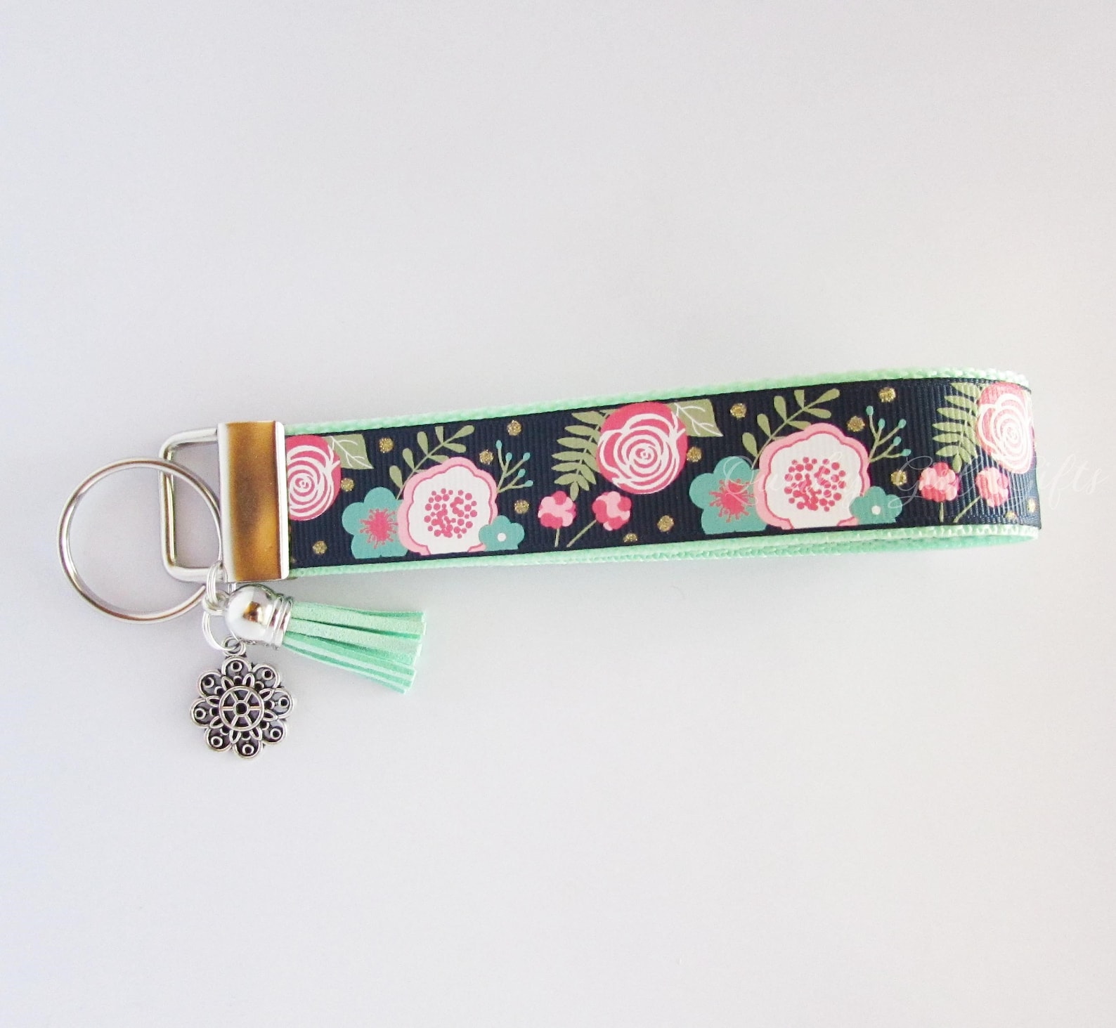 Navy Floral Key Fob Flower Key Fob floral Keychain Floral - Etsy