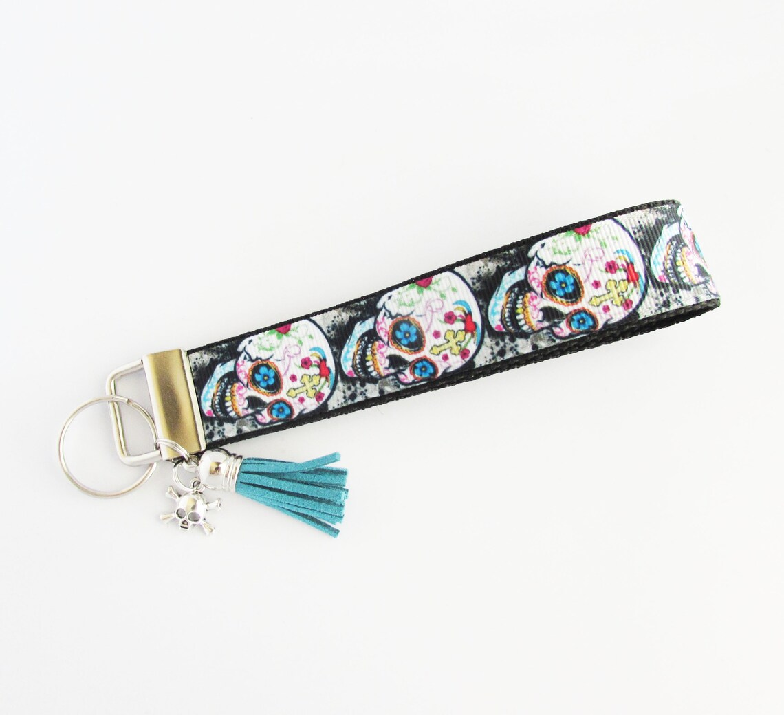 Skull Key Fob Sugar Skull Keychain Skull Wristlet Goth - Etsy