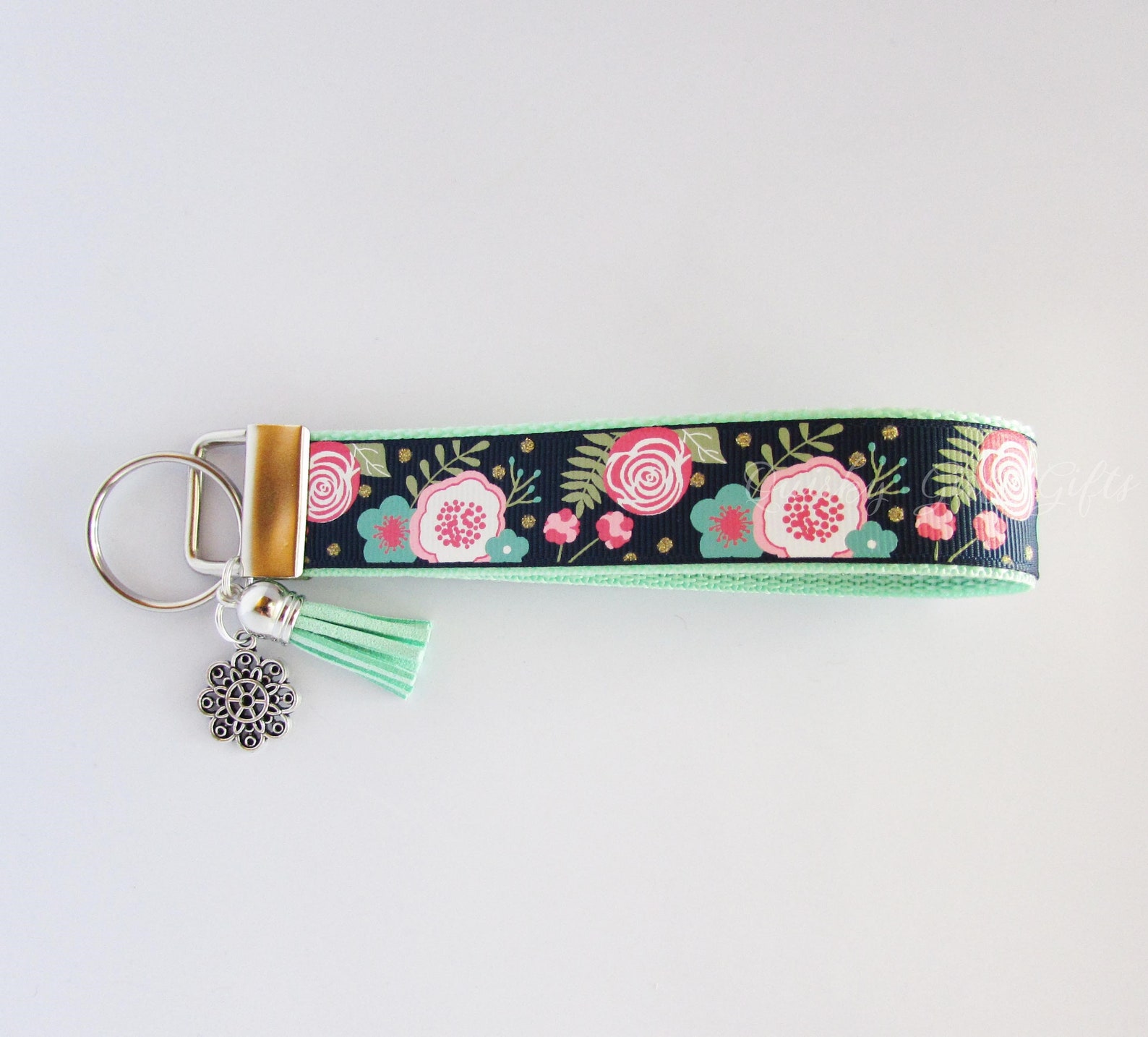 Navy Floral Key Fob - Flower Key Fob -floral Keychain - Floral Wristlet ...