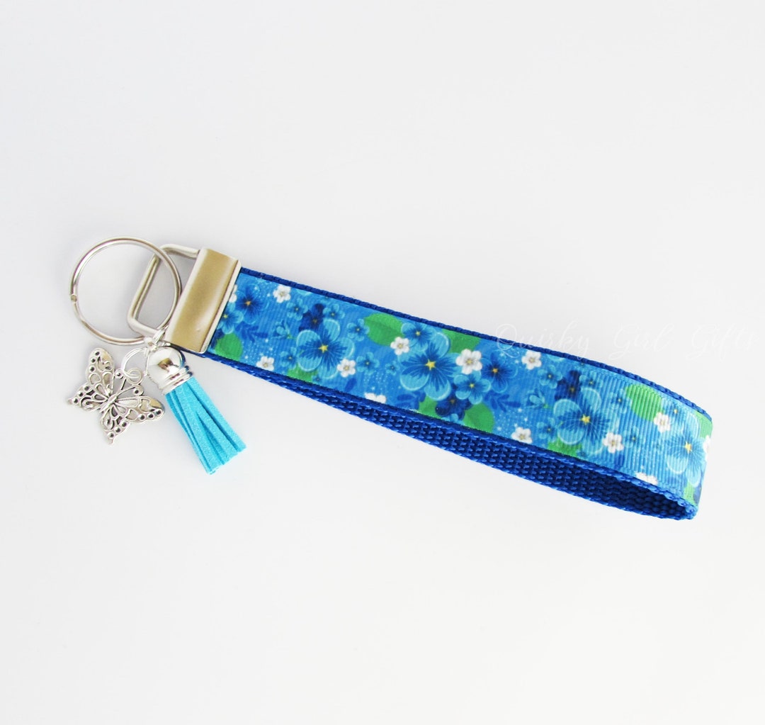 Blue Flower Key Fob - Flower Keychain - Flower Wristlet - Floral Print ...