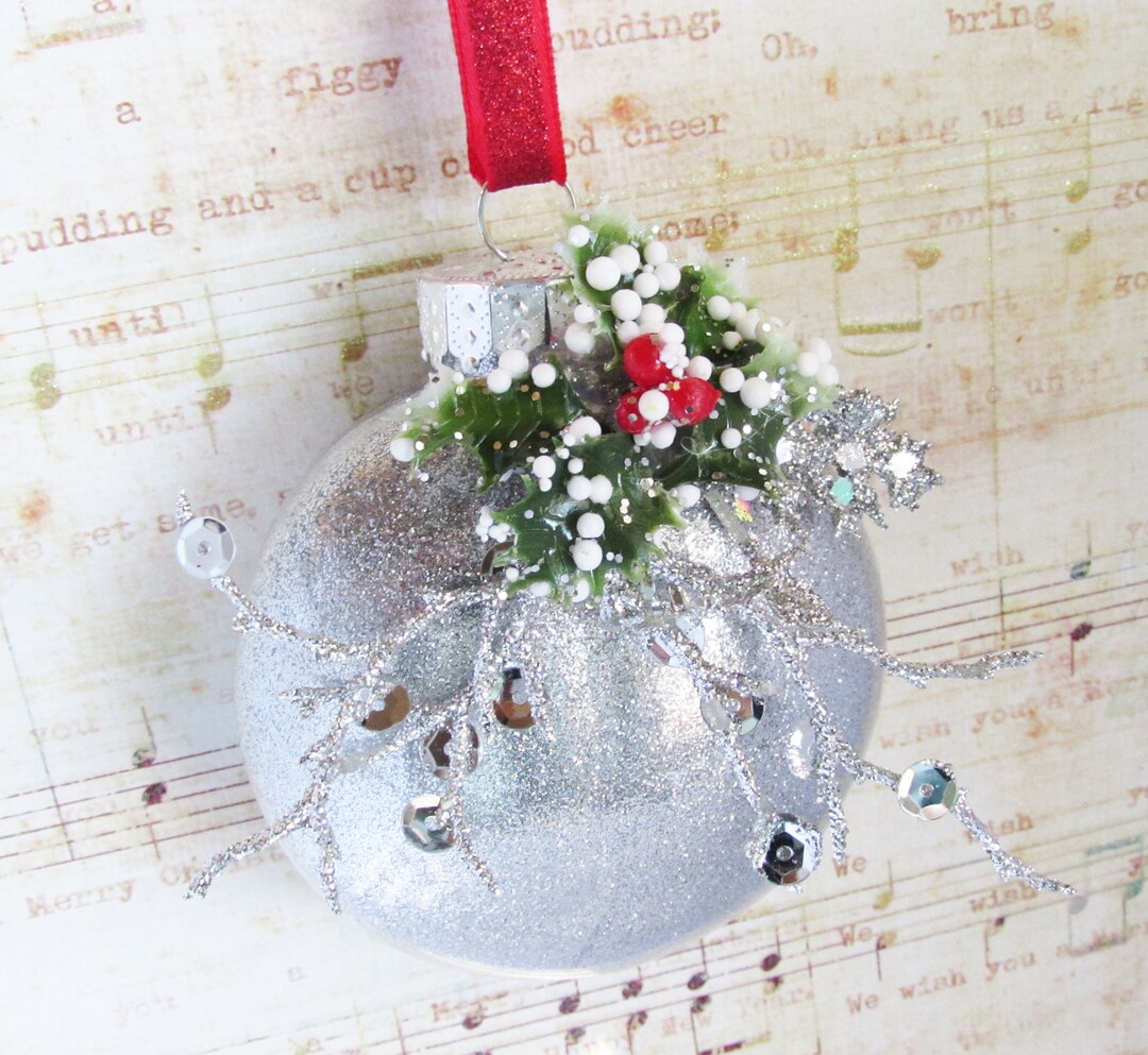 Silver Glitter Christmas Ornament Faux Holly and Glittered Branches ...