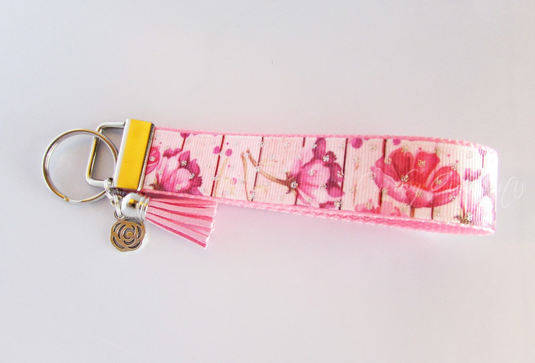 Floral Wristlet Key Fob - Pink Floral Keychain - Glitter Floral Key Fob ...