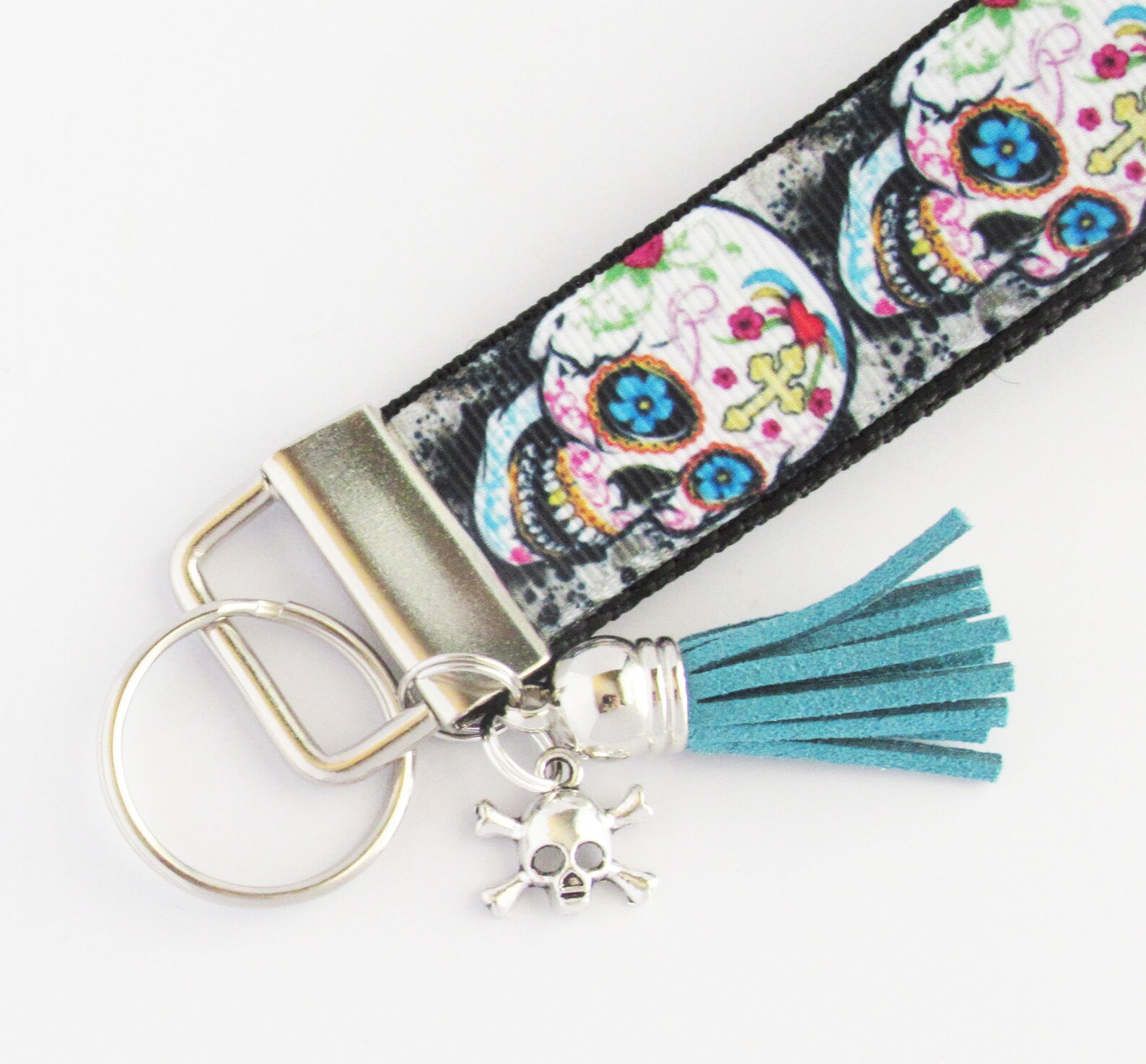 Skull Key Fob Sugar Skull Keychain Skull Wristlet Goth - Etsy