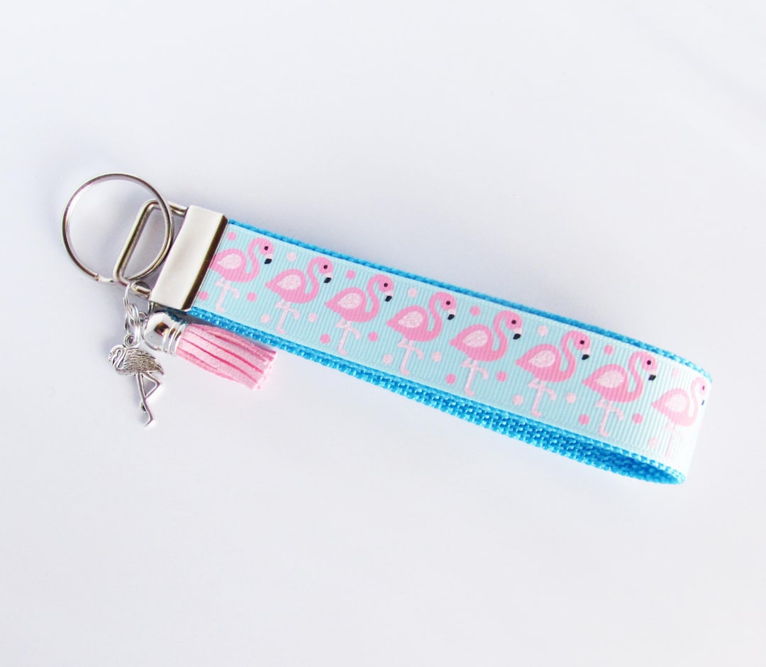 Flamingo Key Fob - Flamingo Keychain - Pink Flamingo Wristlet - Blue ...