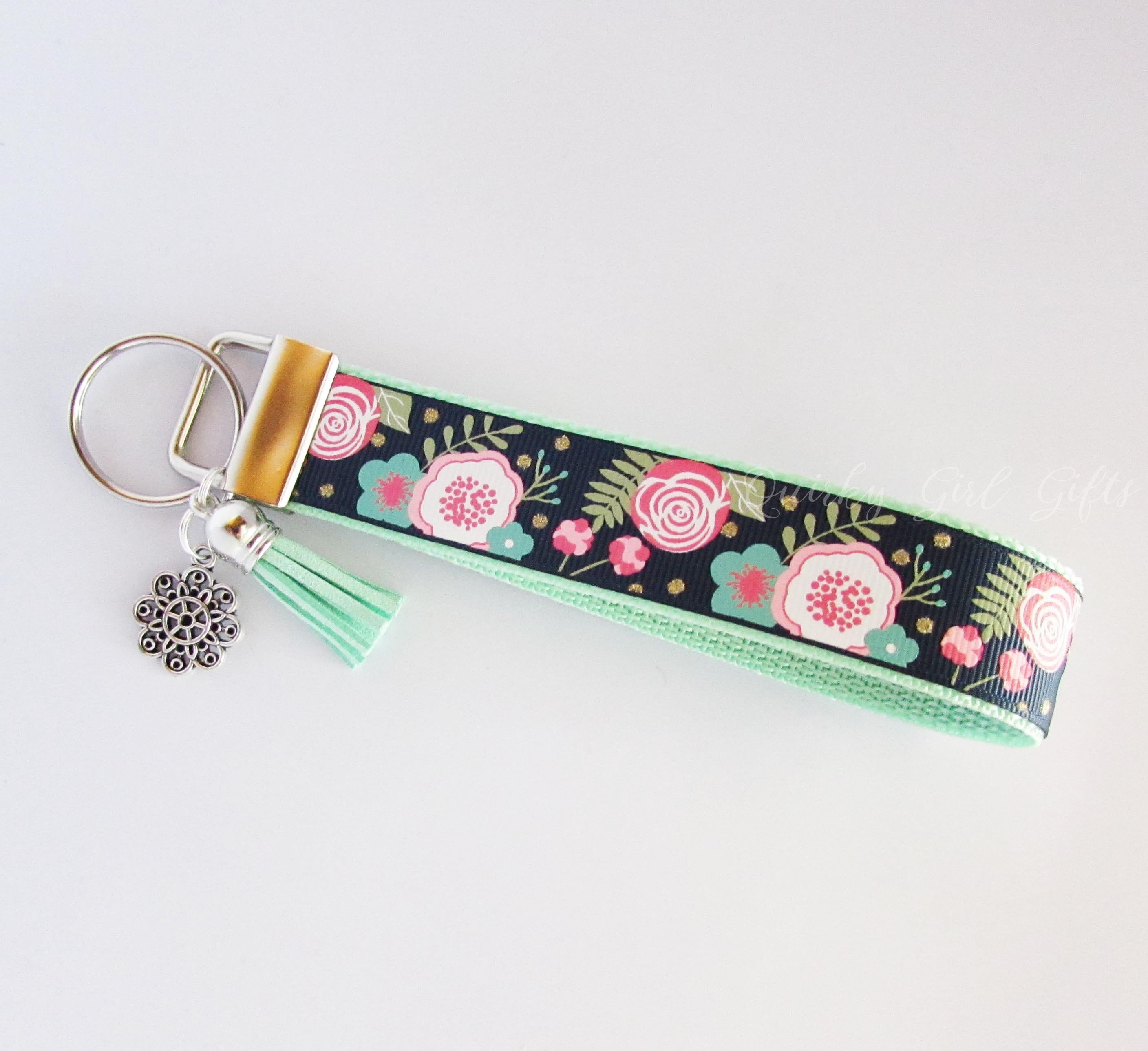 Navy Floral Key Fob Flower Key Fob Floral Keychain Floral | Etsy