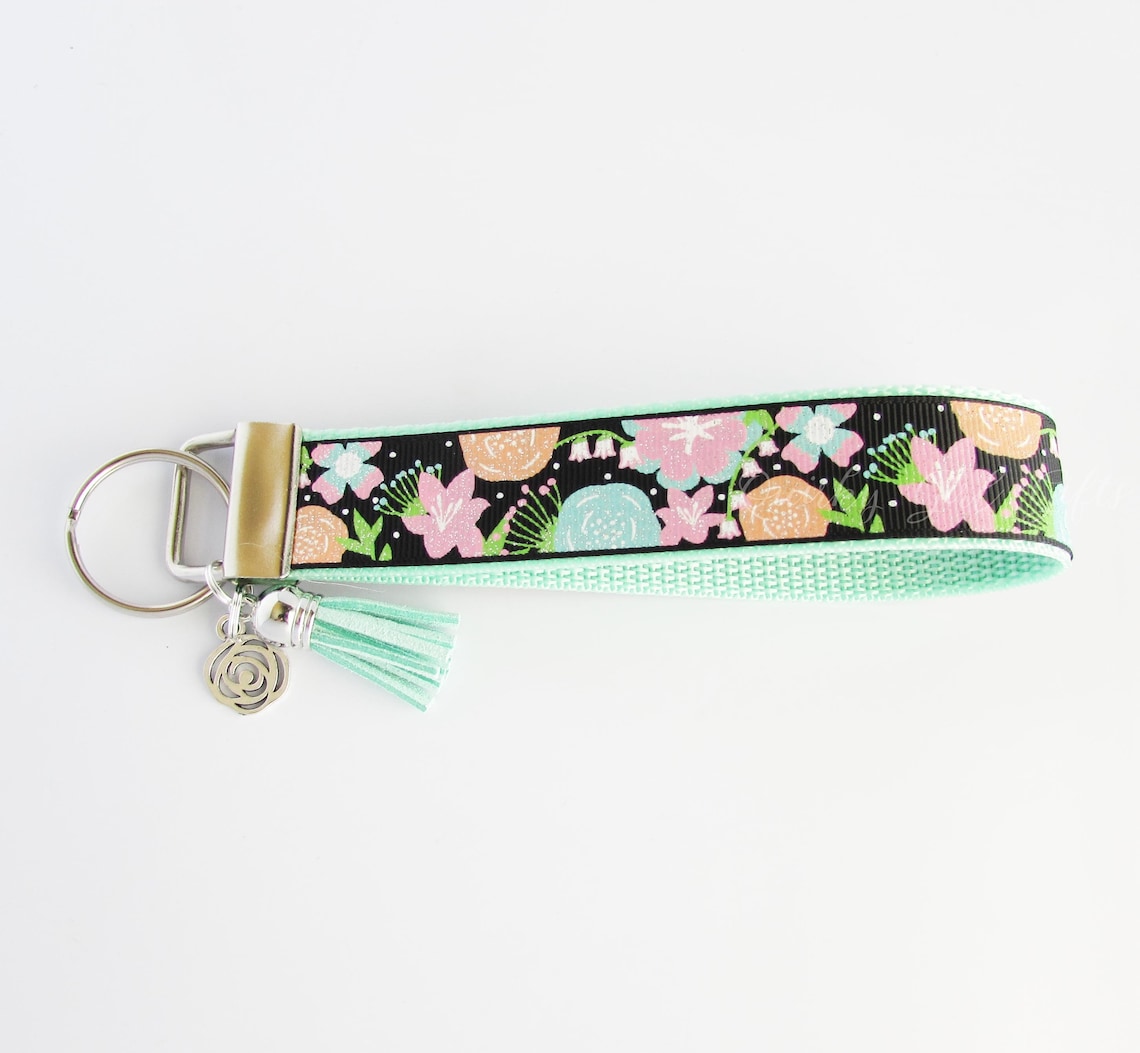 Glittered Floral Key Fob - Colorful Flower Keychain Wristlet - Etsy