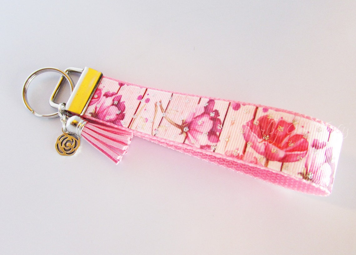 Floral Wristlet Key Fob Pink Floral Keychain Glitter | Etsy