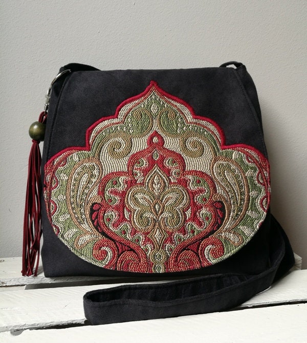 Black oriental bag Vegan boho bag Boho messenger bag Hippie | Etsy