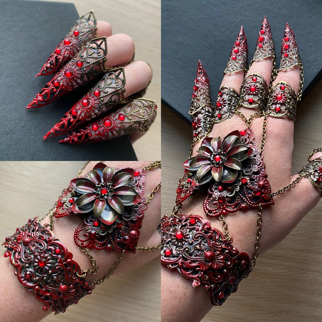 Red Vampire Claw Rings Full Hand Armour Halloween Costume Nails Cosplay ...