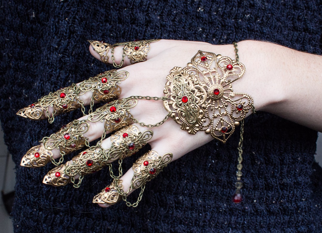 Gold Glove Claws Emerald Cardinal Goth Jewellery Nail Rings Cosplay ...