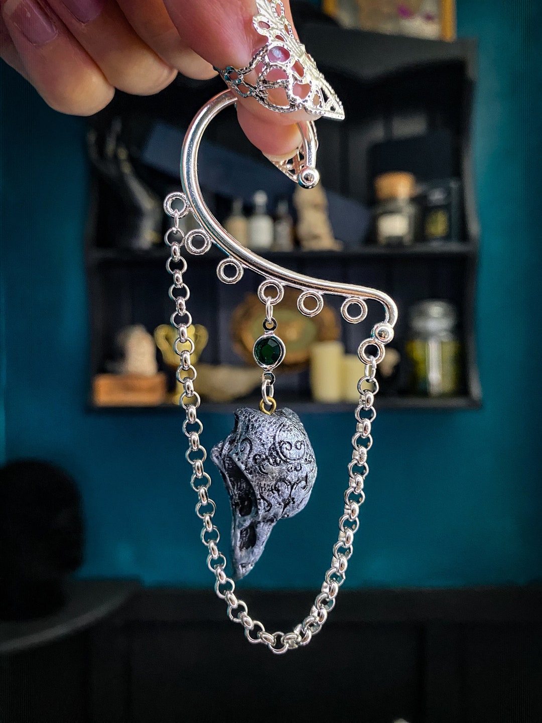 Skull and Gems Ear Cuff - Silver and Green - Gothic Jewellery - Etsy