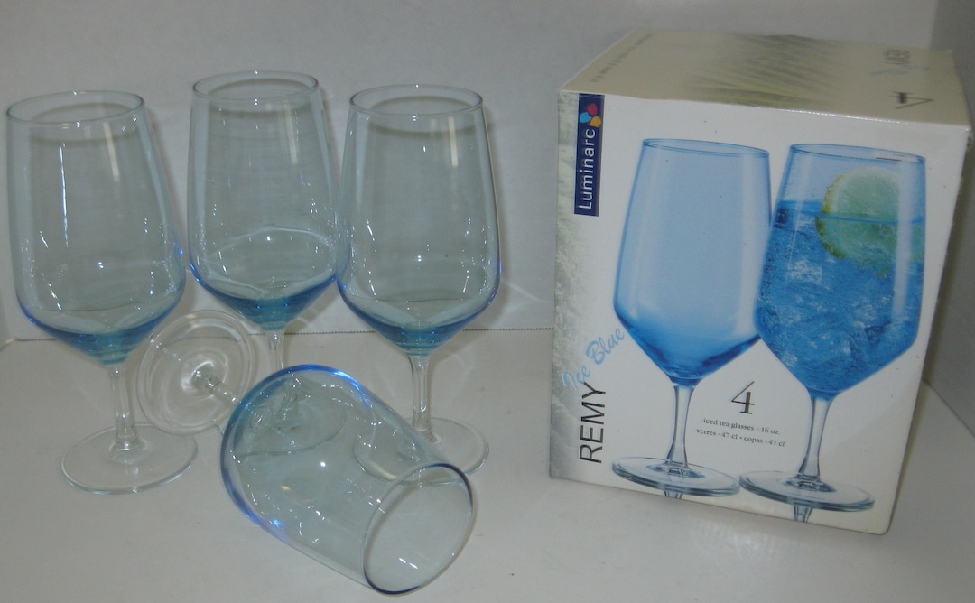 Luminarc Remy Ice Blue Iced Tea Glasses / Goblets Set of 4 New Open Box ...