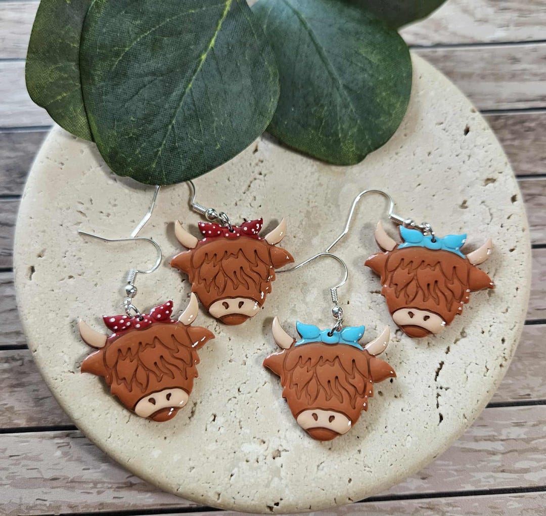Highland Cow Wearing a Bow Handmade Polymer Clay Dangle Earrings - Etsy