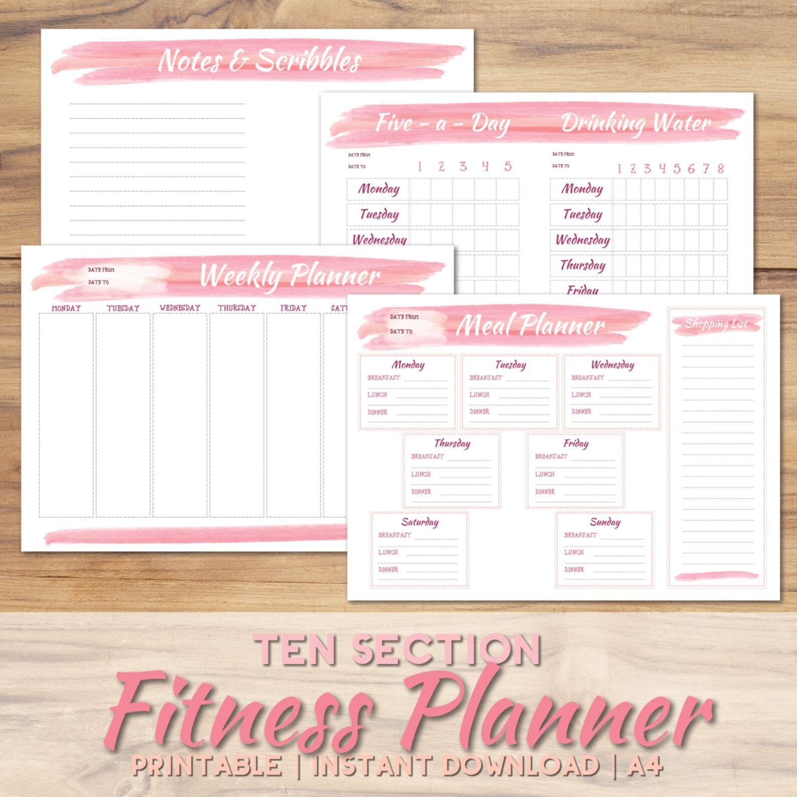 PRINTABLE A4 Fitness Planner Pink Watercolour Diet - Etsy