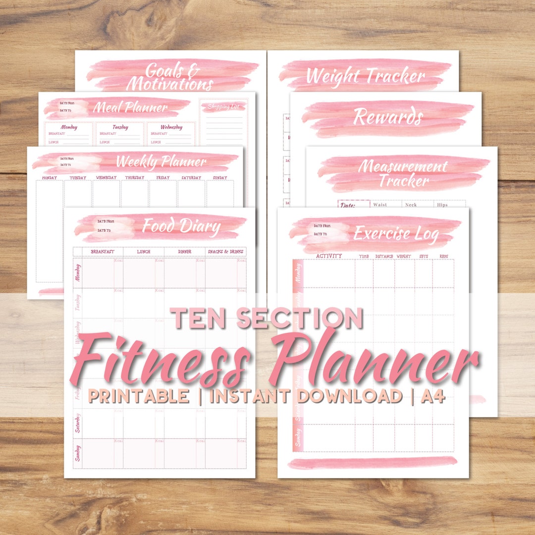 PRINTABLE/DIGITAL A4 Fitness Planner - Pink Watercolour Diet, Exercise ...