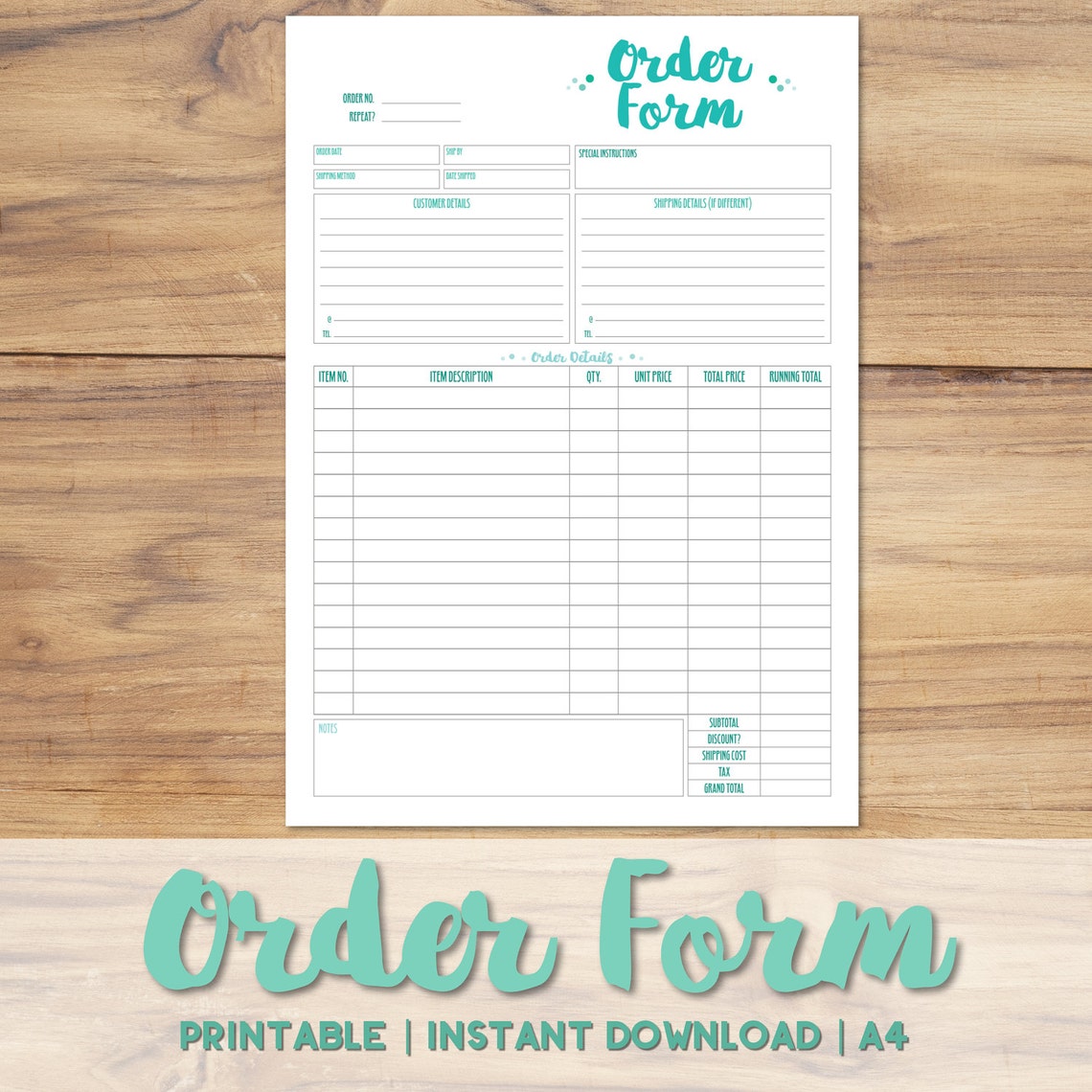 PRINTABLE A4 Order Form - Turquoise Blue Form - Business Organisation ...