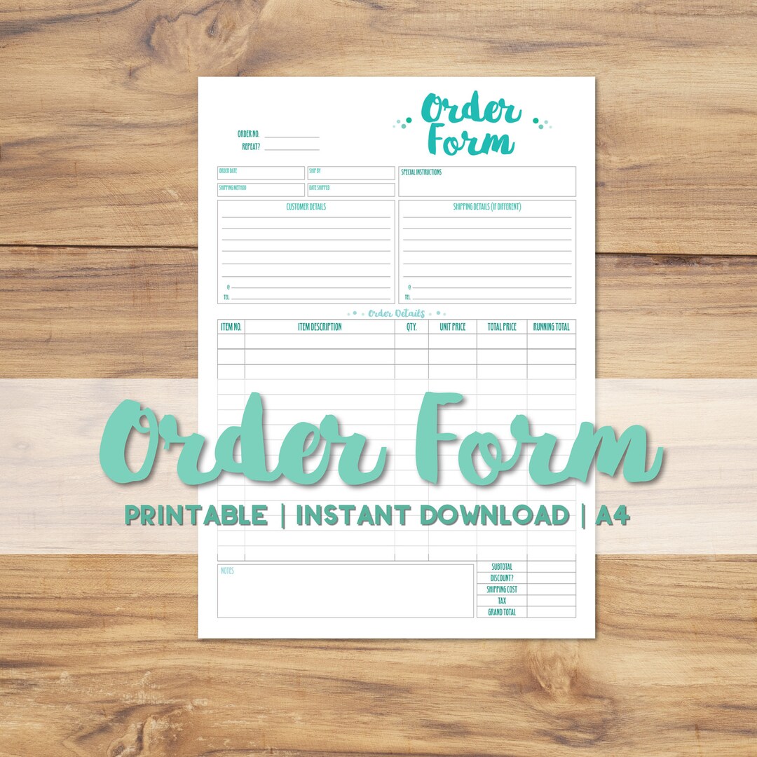PRINTABLE A4 Order Form - Turquoise Blue Form - Business Organisation ...