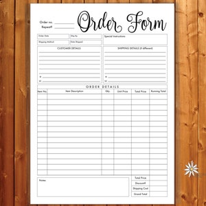 PRINTABLE A4 Order Form Black & White Calligraphic Business ...