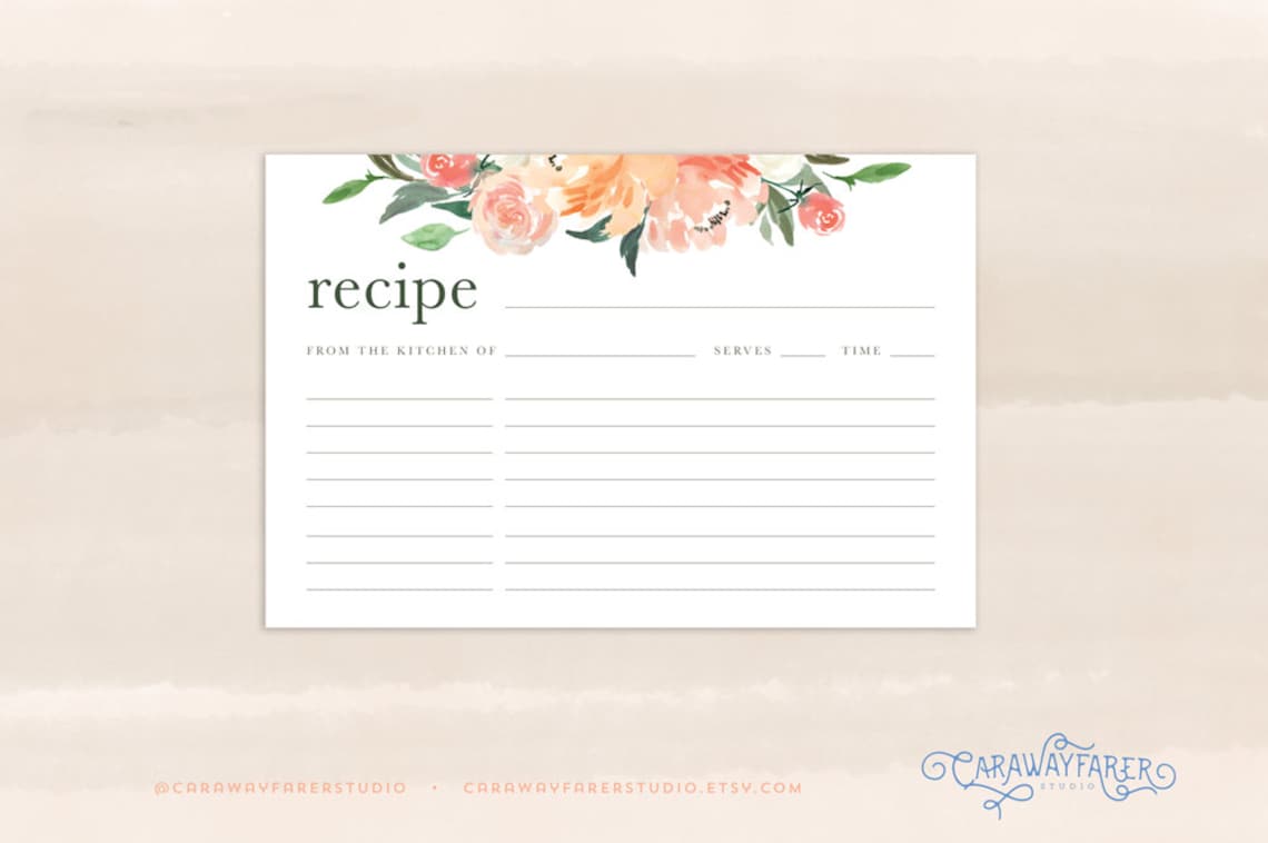 Floral Recipe Cards Printable 4x6 Recipe Card Template Kitchen | Etsy
