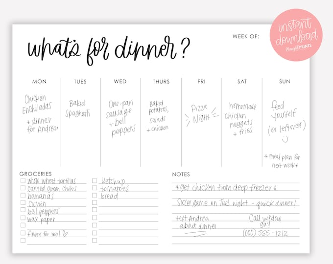 Printable Menu Planner Menu Planner With Grocery List and Notes ...
