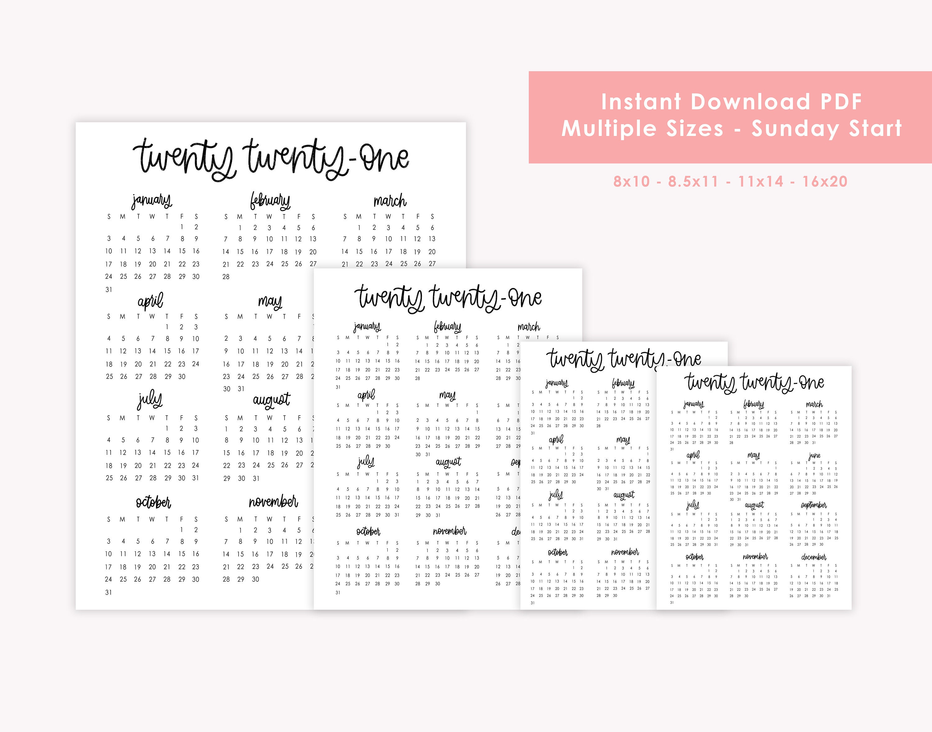 Printable 2021 Full Year Calendar 2021 Calendar Download | Etsy
