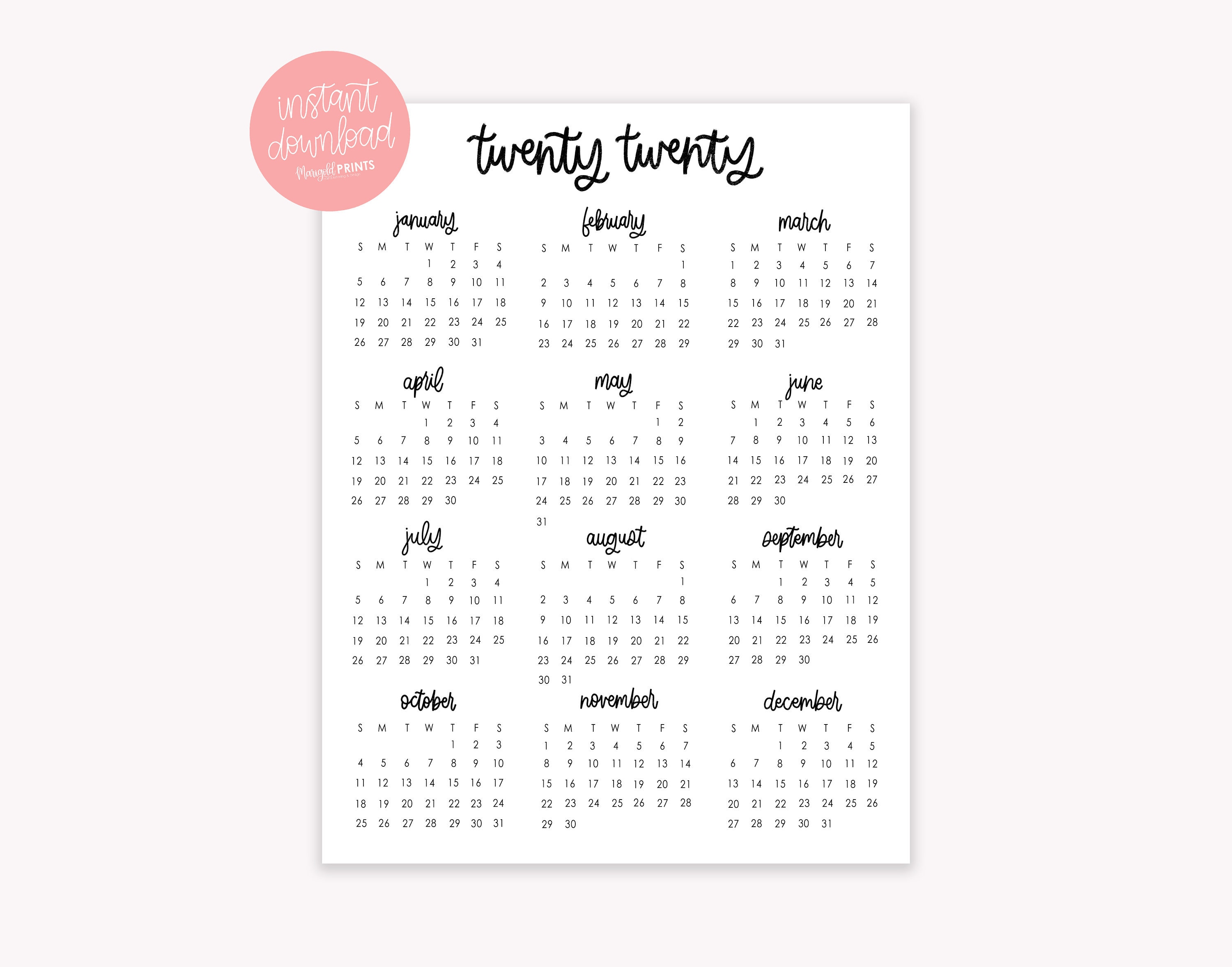 Printable 2020 Full Year Calendar 2020 Calendar Download | Etsy