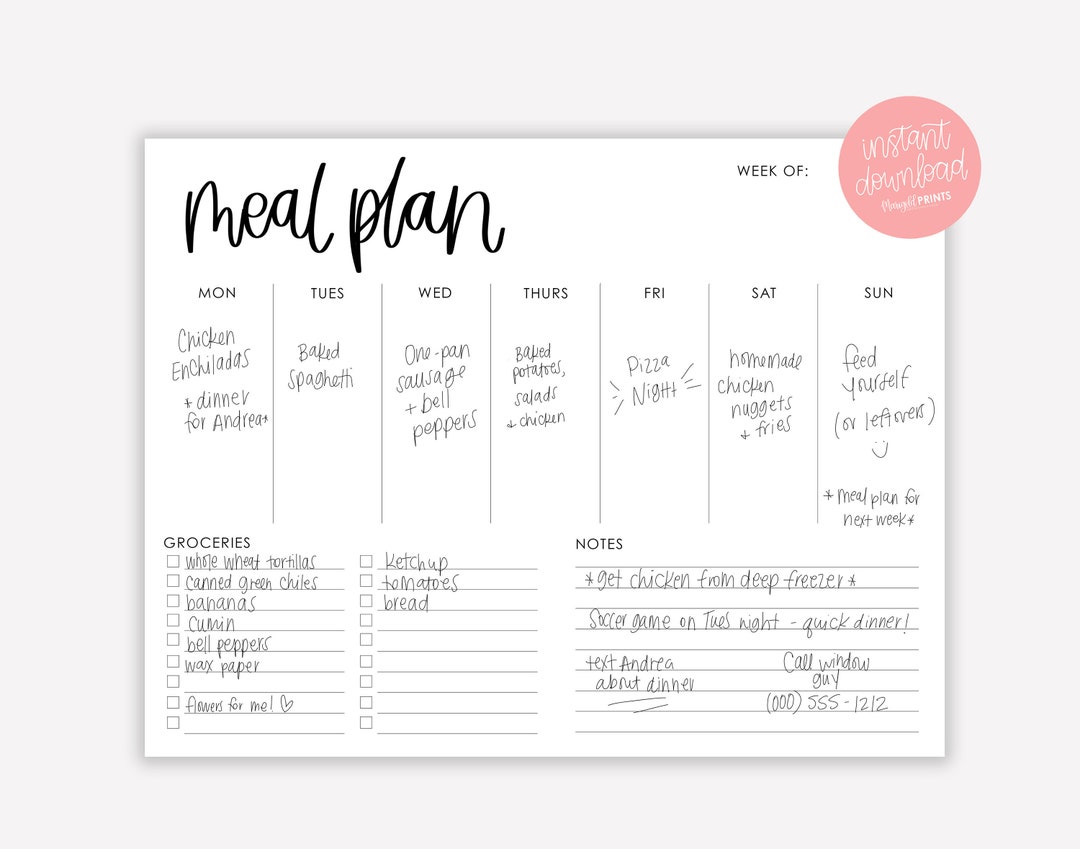 Printable Menu Planner - Menu Planner With Grocery List and Notes ...