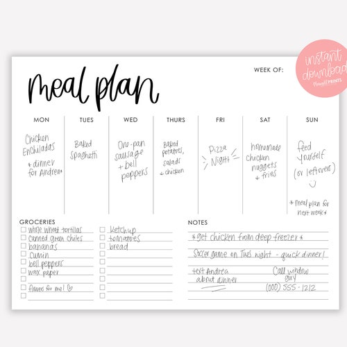 Weekly Meal Planner & Grocery List Printable Digital - Etsy
