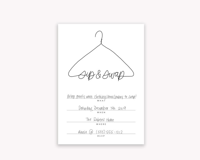 Sip and Swap Printable Invitations - Clothing Swap Party Invites - Fill ...