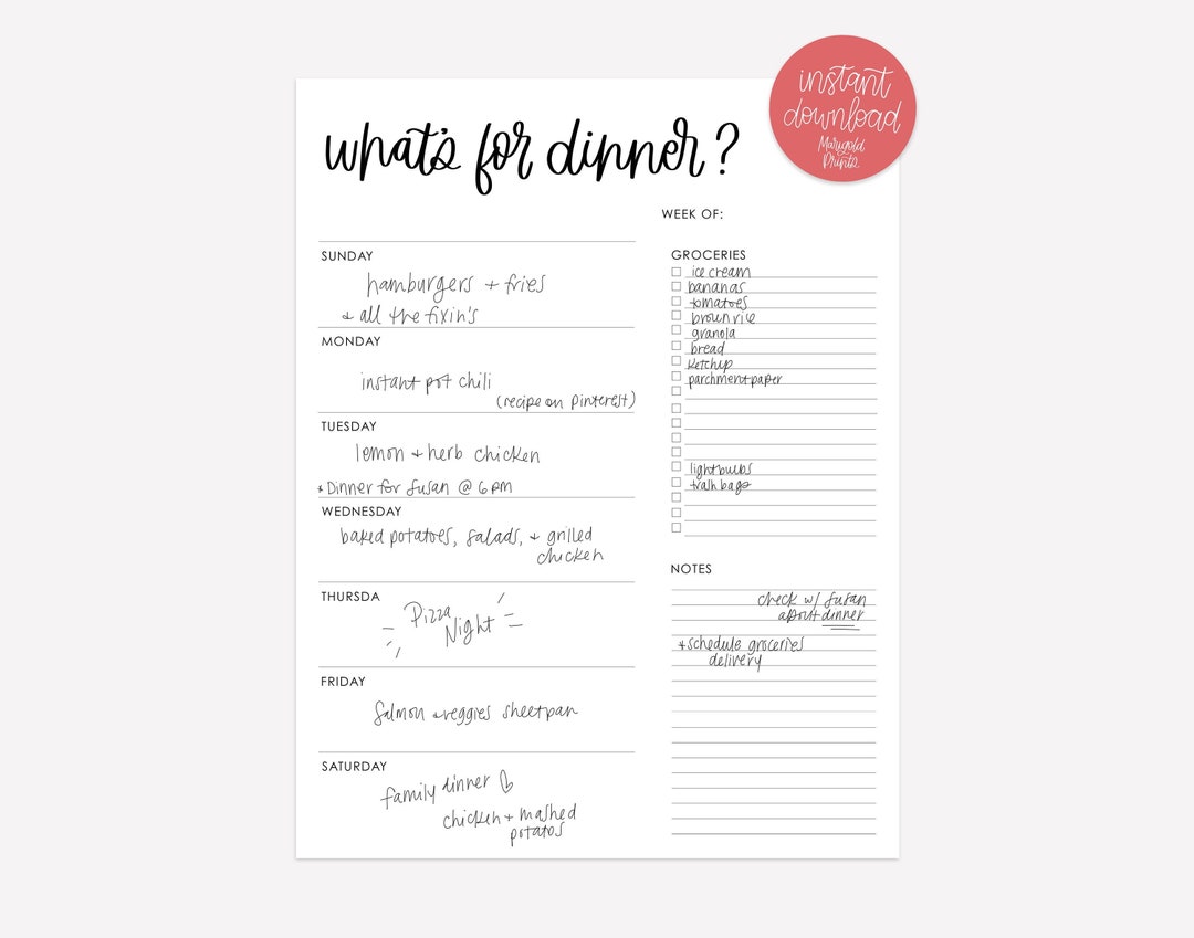 Printable Menu Planner - Menu Planner With Grocery List and Notes ...