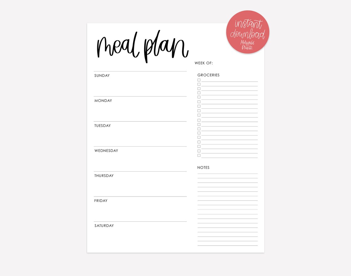 Printable Menu Planner - Menu Planner With Grocery List and Notes ...