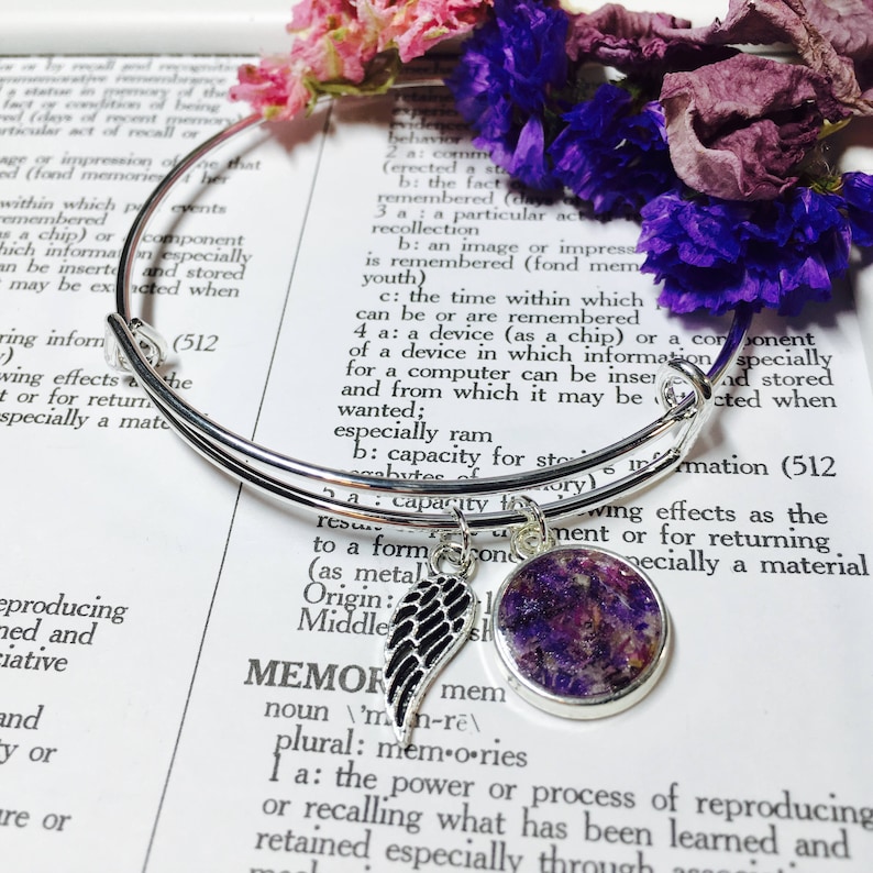 Memory Dried Funeral Flower Bangle Charm Bracelet With Wing - Etsy