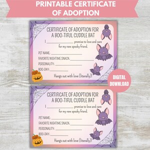 Printable Bat Certificate of Adoption PDF 5x7, Spooky Friend Adoption ...