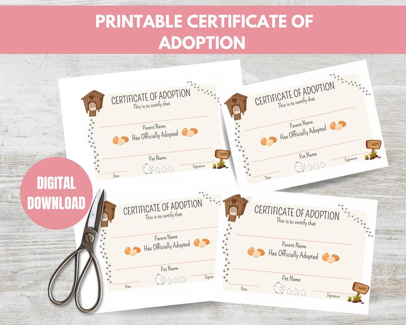 Adopt a Chicken Printable Certificate of Adoption PDF 5x7 Adoption ...