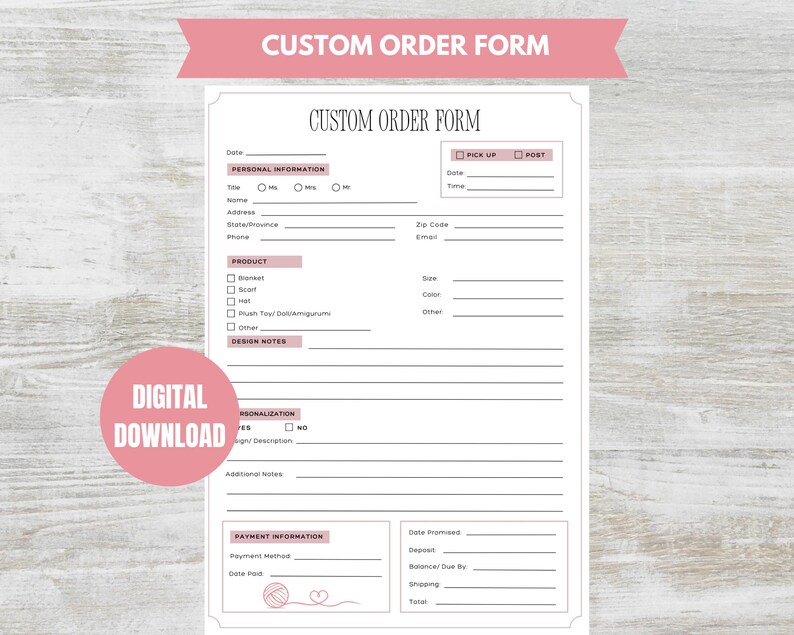 Custom Order Form, PDF Printable Crochet/knitting Order Form, Small ...