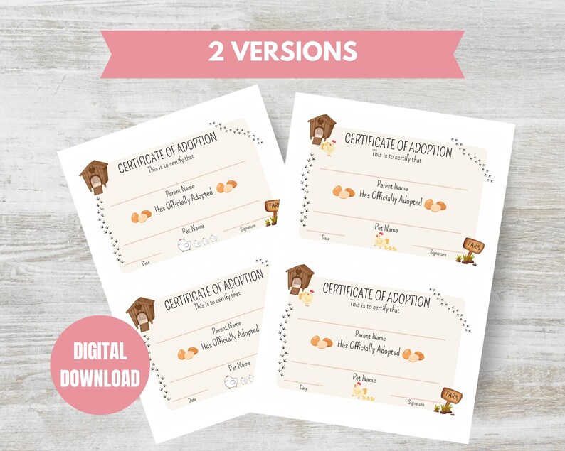 Adopt a Chicken Printable Certificate of Adoption PDF 5x7 Adoption ...