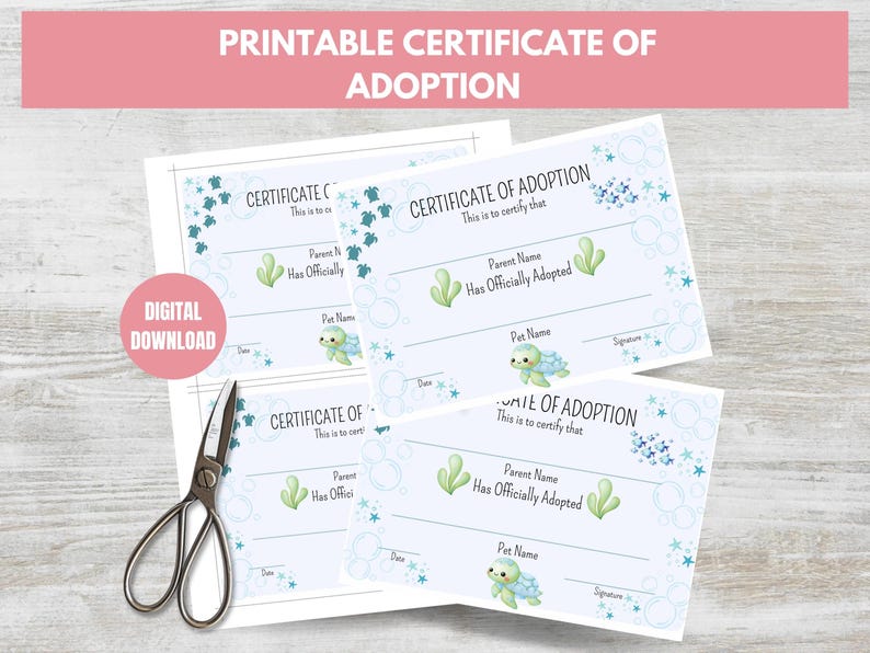 Printable Certificate of Adoption Turtles, PDF 5x7 Adoption ...