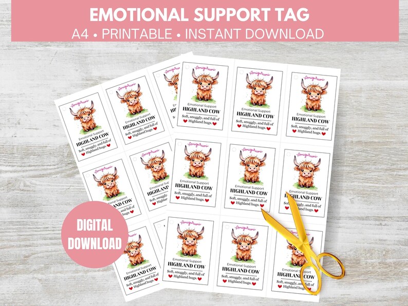 Emotional Support Highland Cow Printable PDF Tag, Amigurumi Crochet ...