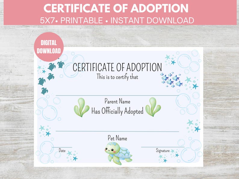 Printable Certificate of Adoption Turtles, PDF 5x7 Adoption ...