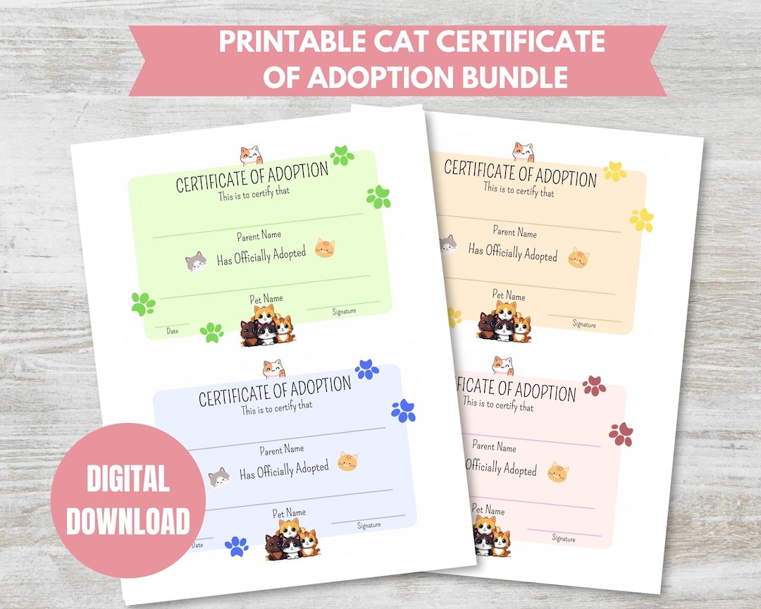 Adopt a Kitty Printable Certificate of Adoption PDF 5x7 Adoption ...