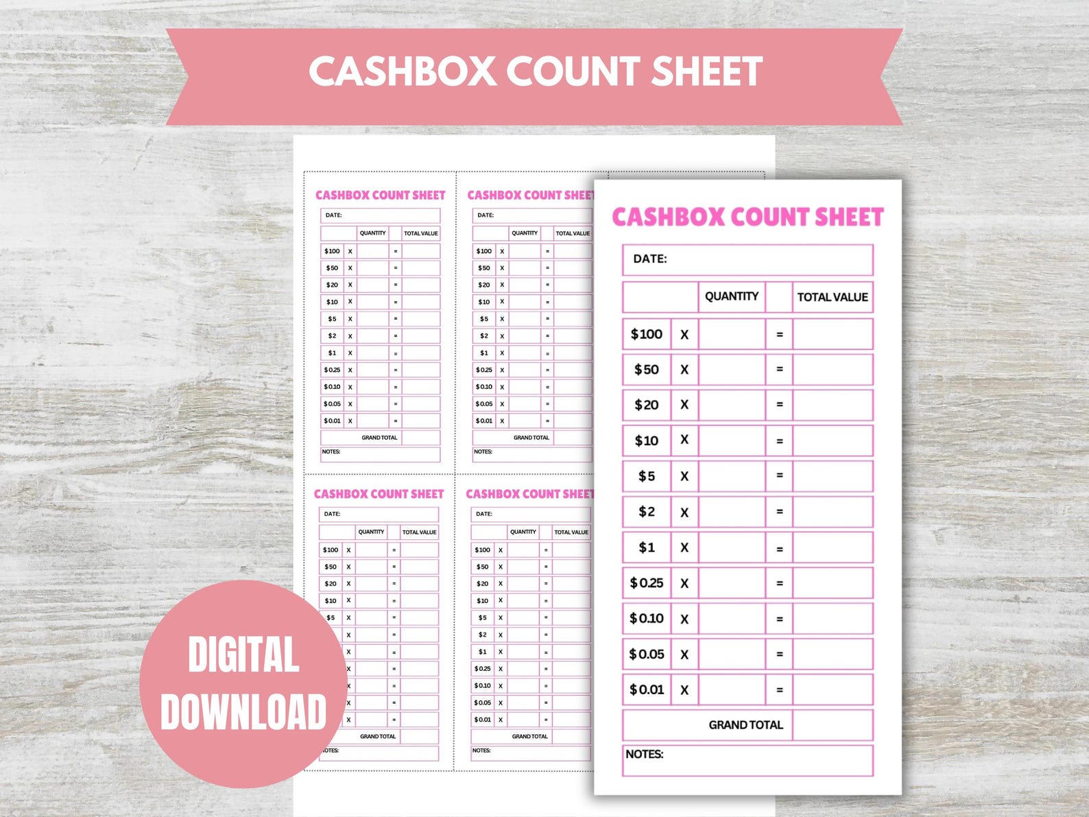 Printable Cashbox Count Sheet,pdf Printable Tally Sheet,cash Register ...