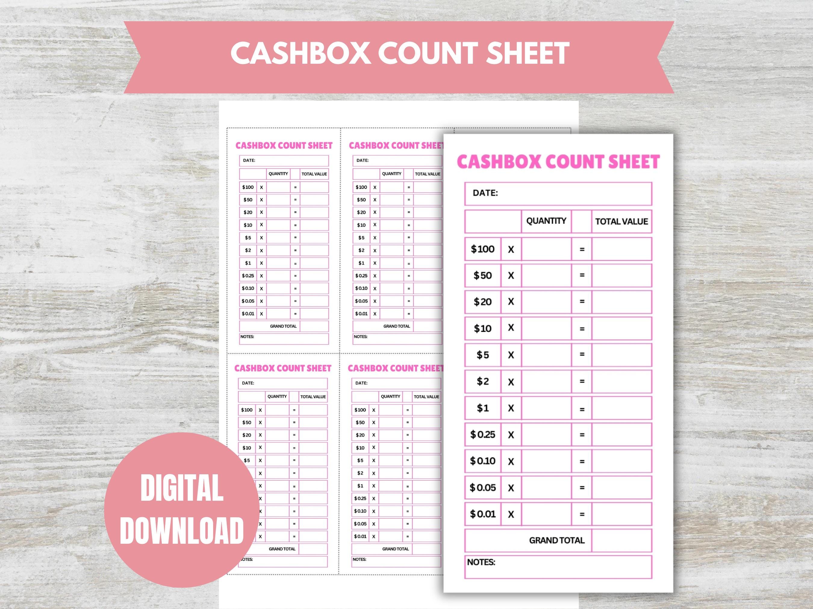 Printable Cashbox Count Sheet,pdf Printable Tally Sheet,cash Register ...