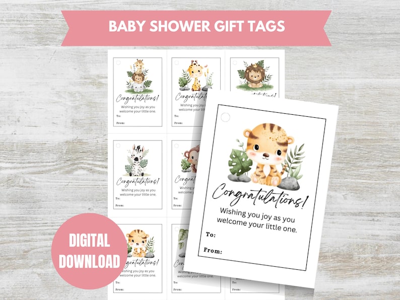Safari Animals Baby Shower Printable PDF Tags, Gift Tag ...