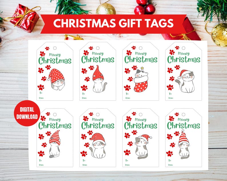 Animal Christmas Gift Tags Cute Cat Christmas Holiday Tags Christmas ...