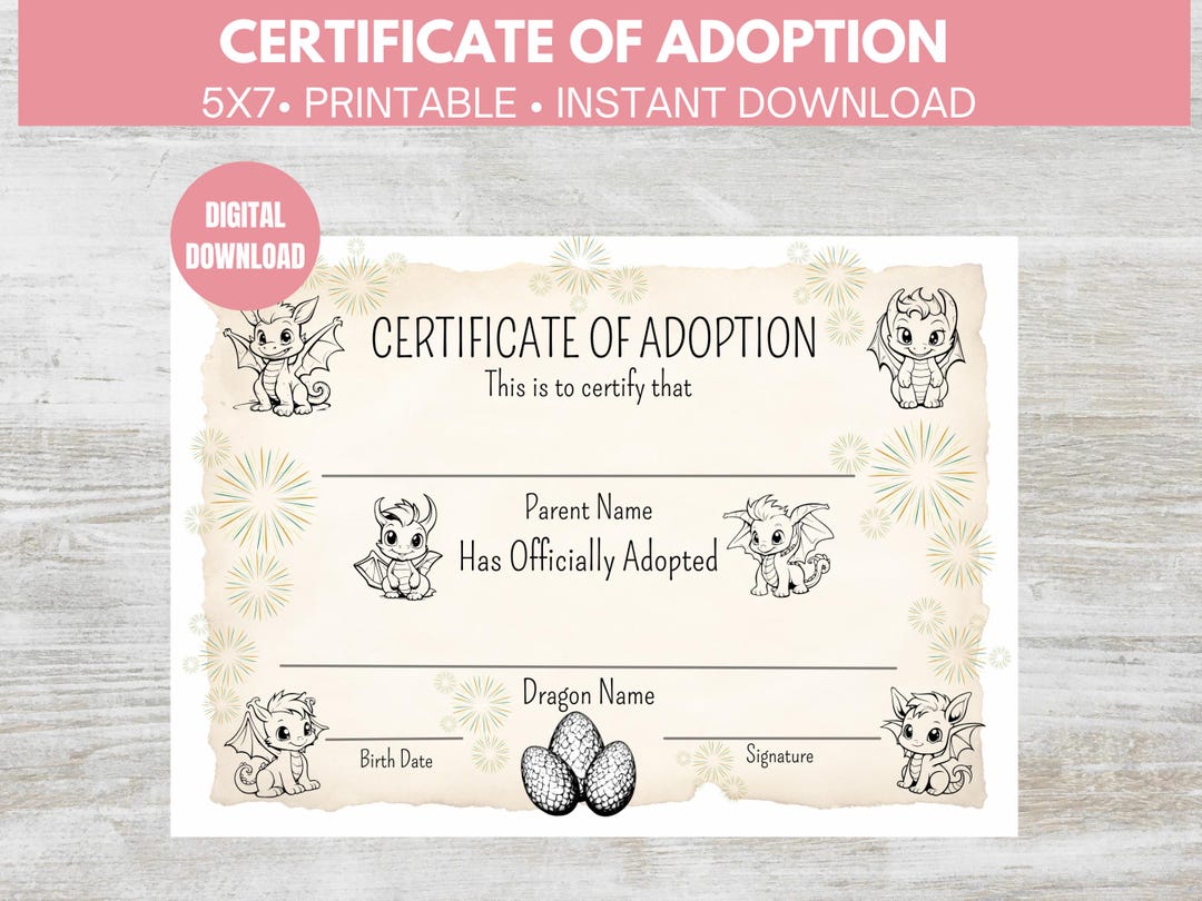Printable Dragon Certificate of Adoption PDF 5x7 Adoption Certificates ...