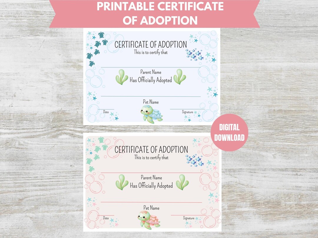 Printable Certificate of Adoption Turtles, PDF 5x7 Adoption ...