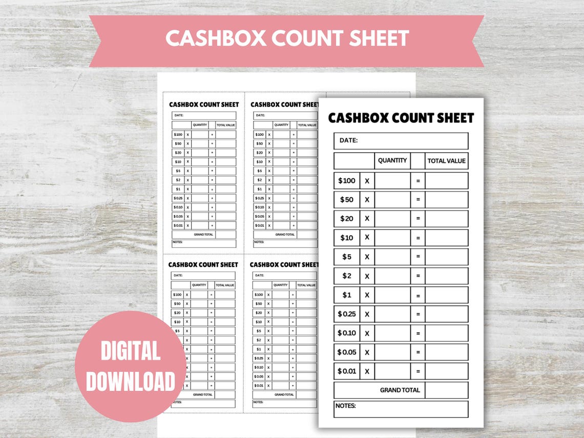 Printable Cashbox Count Sheet,pdf Printable Tally Sheet,cash Register ...