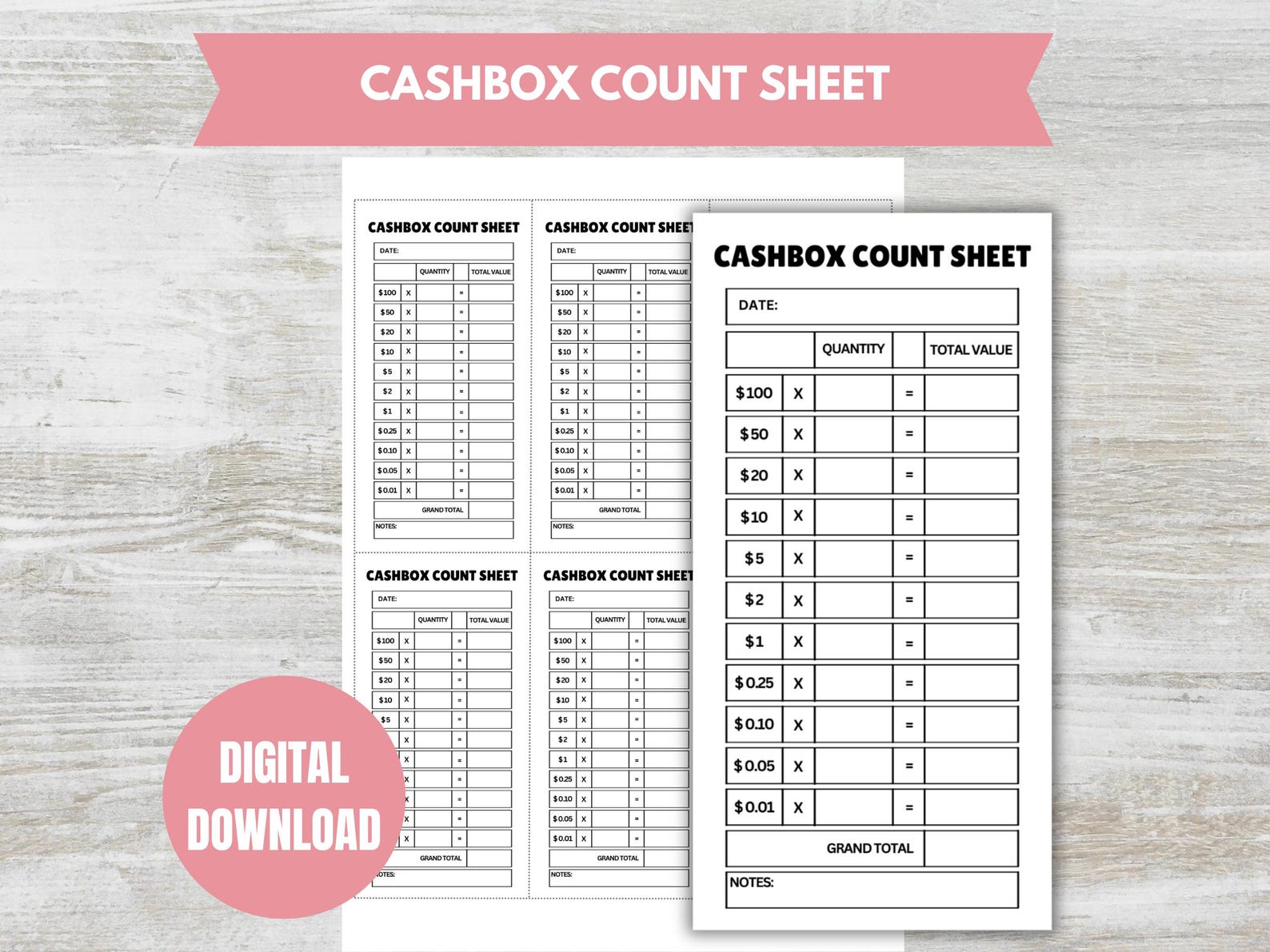 Printable Cashbox Count Sheet,pdf Printable Tally Sheet,cash Register ...