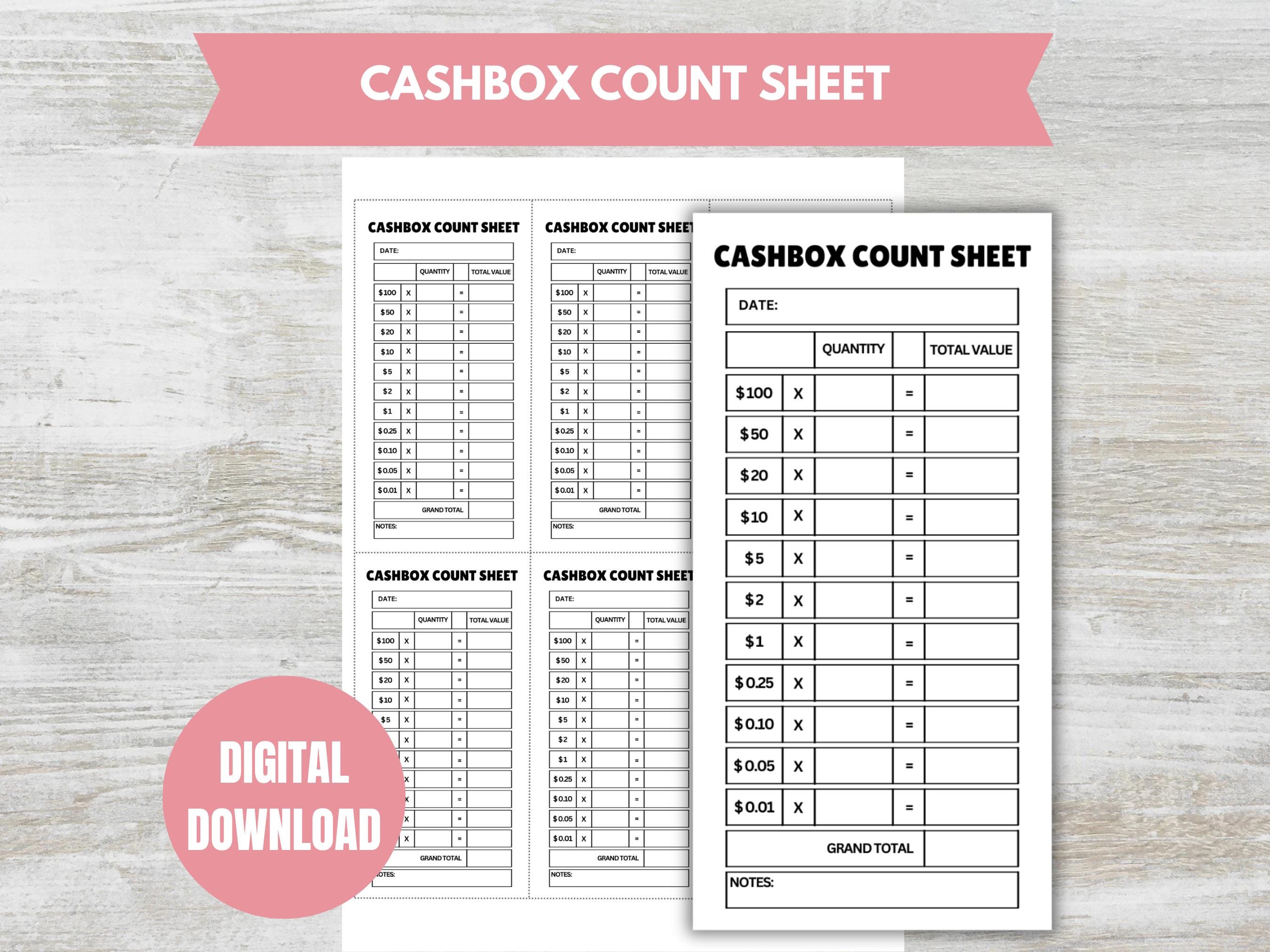 Printable Cashbox Count Sheet,pdf Printable Tally Sheet,cash Register ...